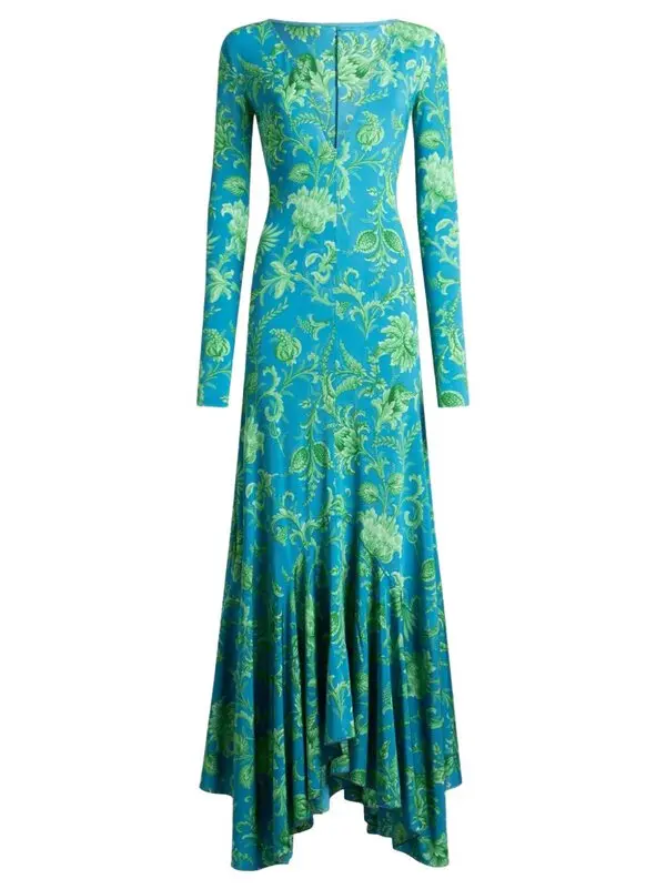 Etro Long Sleeve Floral Motif Stretch Jersey Maxi Dress - Light Blue
