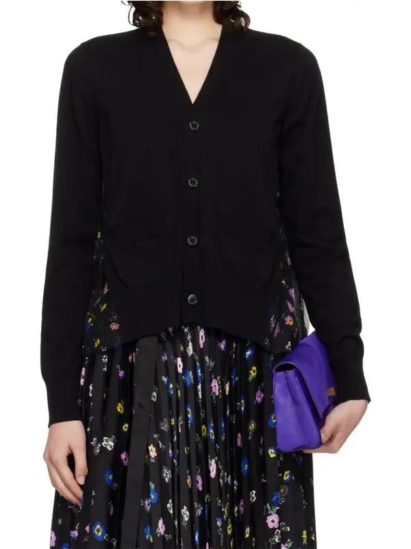 Sacai V-neck Buttoned Cardigan With Patchwork Detail - Black