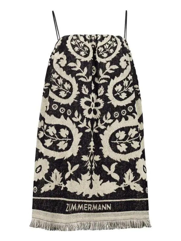 Zimmermann Rhiannon Mini Dress With Graphic Pattern And Fringed Hem - Black
