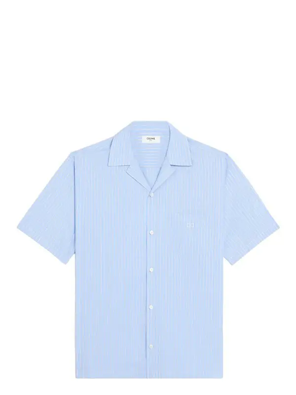 Celine Bowling Shirt In Striped Cotton Poplin - Chalk Color/sky Color/navy Blue