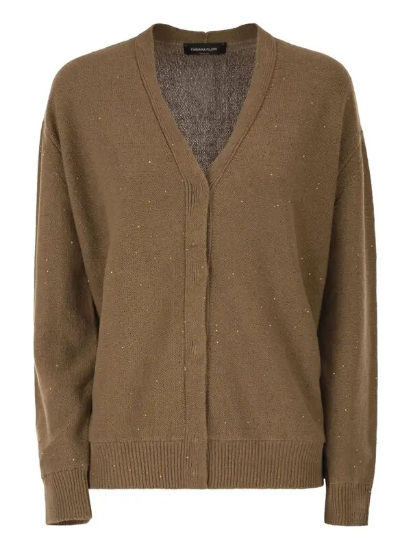 Fabiana Filippi Long-sleeved V-neck Cardigan With Micro Sequins - Brown