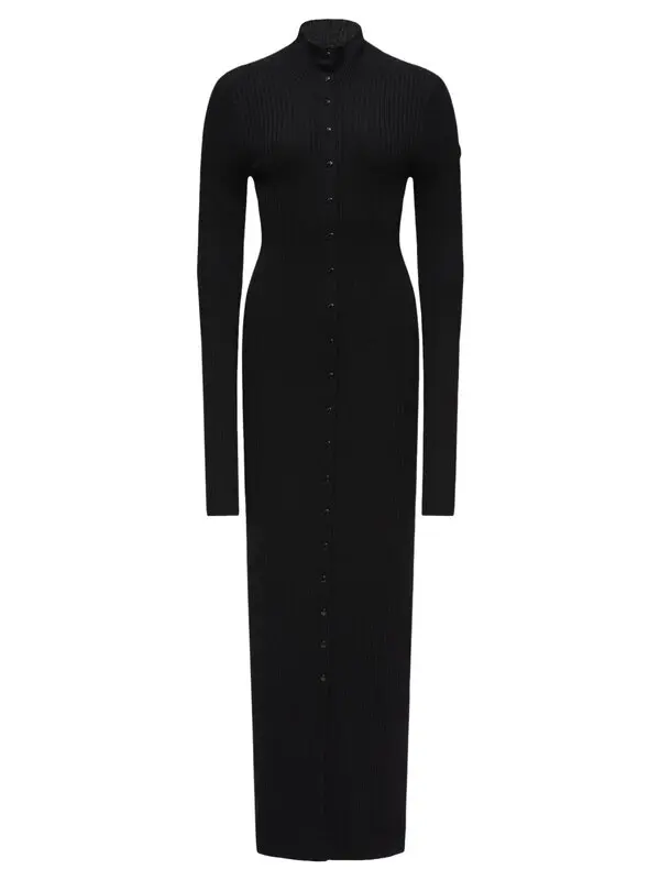 Moncler Ribbed Wool Turtleneck Maxi Dress With Logo Patch - Black