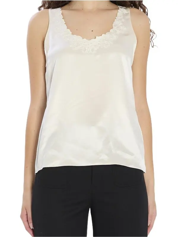 Celine Silk Satin Embroidered Sleeveless Top With Lace Trim - Beige
