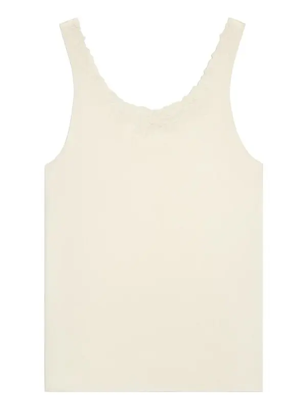 Celine Silk Satin Embroidered Sleeveless Top With Lace Trim - Beige