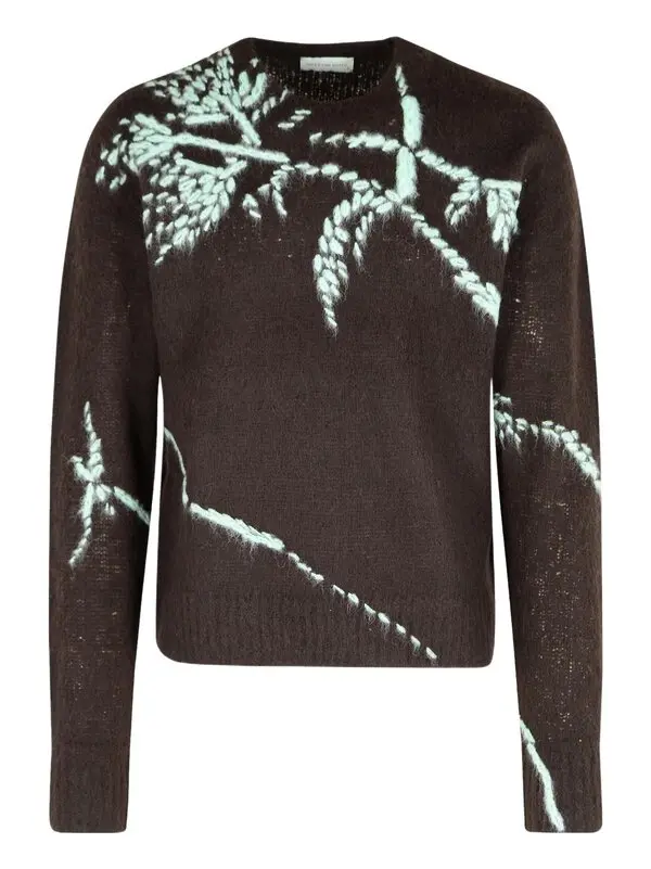 Dries Van Noten Crew Neck Knit With Botanical Motif - Brown