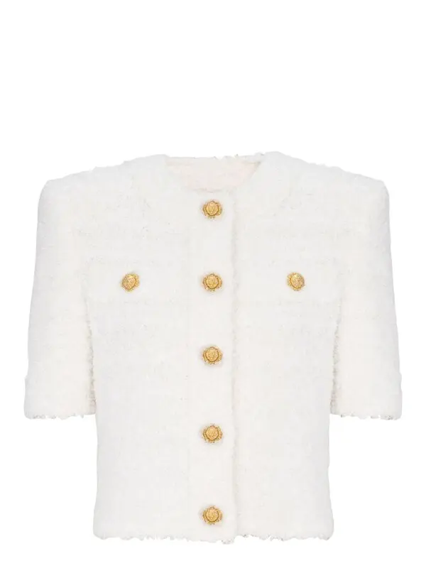 Balmain Dotted Tweed Cardigan With Gold Lion Head Buttons - White