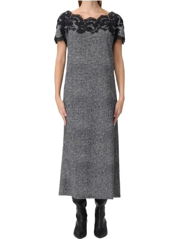 Ermanno Scervino Short Sleeve Lace Trimmed Plaid Maxi Dress - Gray