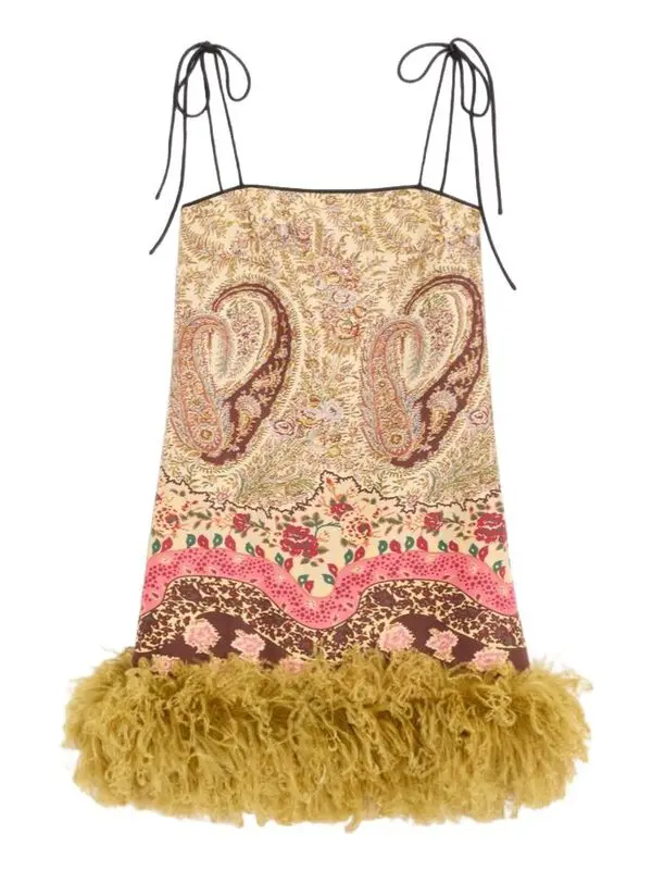 Valentino Garavani Voyage Imaginaire Paisley Feather-trim Mini Dress - Almond Beige/multicolor
