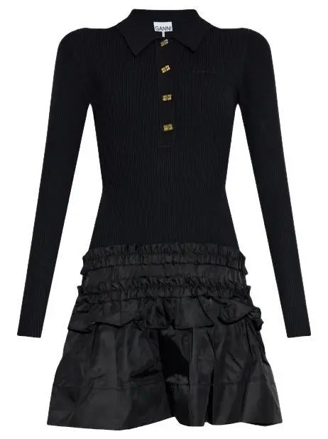 GANNI Rib Knit Ruffle Mini Dress - Black