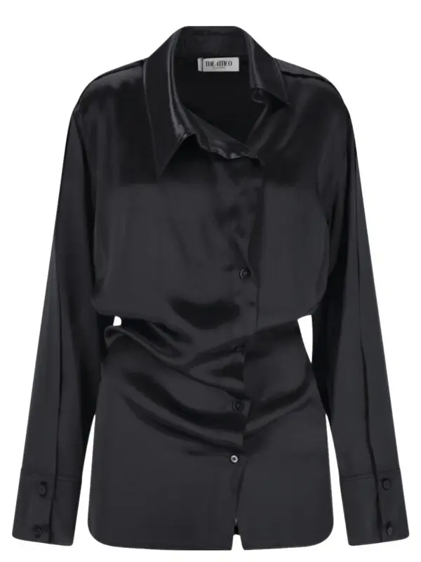 Attico Asymmetric Satin Mini Shirt Dress - Black