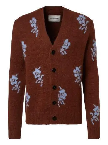 JIL SANDER Alpaca And Wool-blend Floral Intarsia V-neck Cardigan - Brown