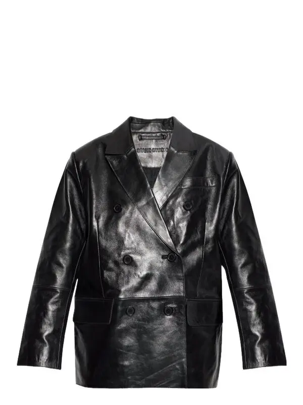 STAND STUDIO Alondra Double-breasted Leather Blazer - Black