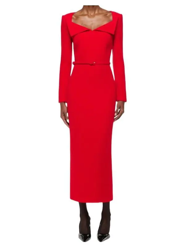 Roland Mouret Square Neck Fold Wool Crepe Midi Dress - Red