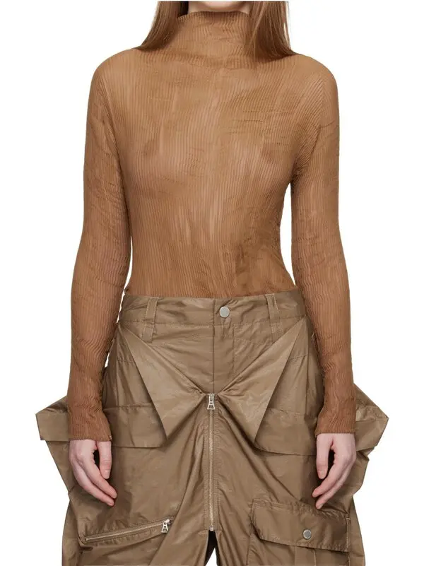 Issey Miyake Pleated Turtleneck Blouse - Brown