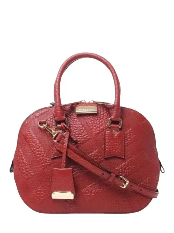 Burberry Textured Logo Leather Handbag - Red