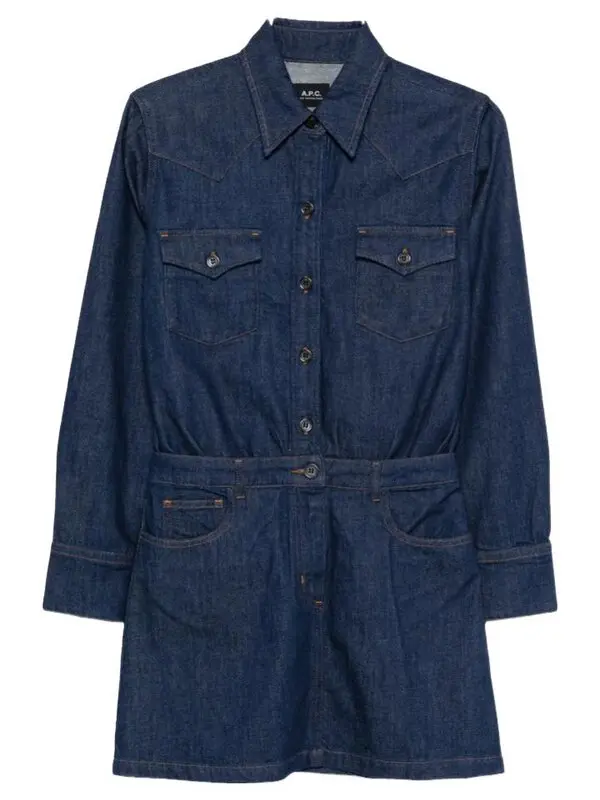 A.p.c. Long-sleeve Denim Mini Dress With Belt Loops And Pockets - Blue