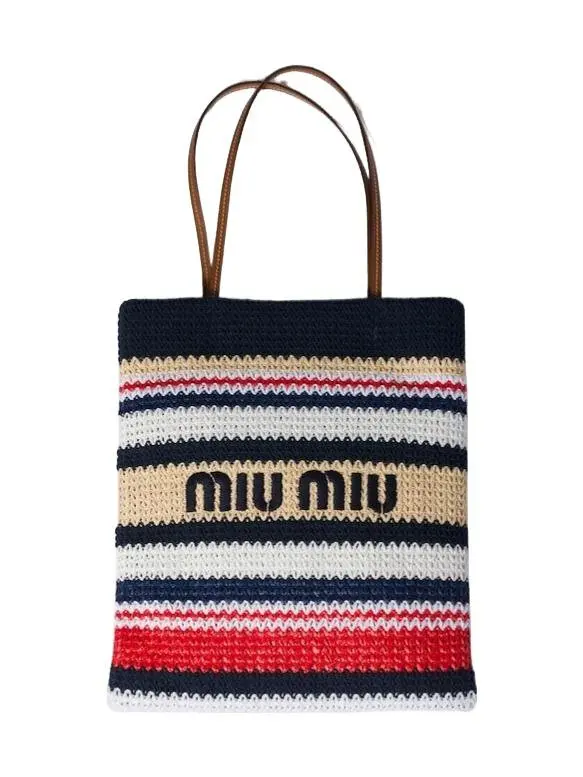 Miu Miu Crochet Striped Top Handle Bag - Black
