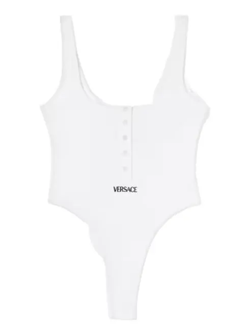 Versace Logo Embroidered Ribbed Bodysuit - White