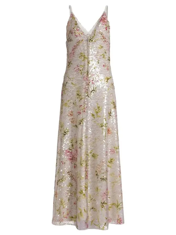 Alberta Ferretti Sequined Floral Print Maxi Dress - Nude