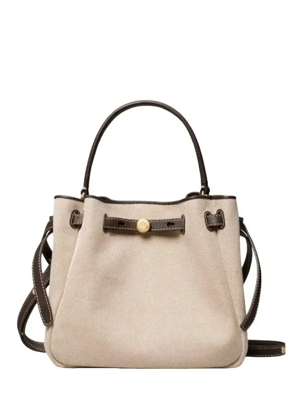 Tory Burch Romy Drawstring Bucket Bag With Logo Engraving - Gray Almond/white Wine Color