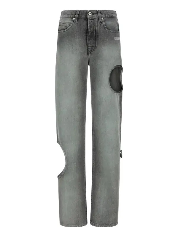 Off-White Logo Patch Straight-leg Jeans With Perforated Ring Detail - Gray