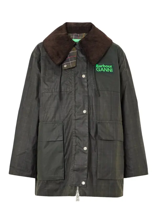 Barbour X Ganni Checked Plaid Hooded Waxed Cotton Jacket - Dark Green