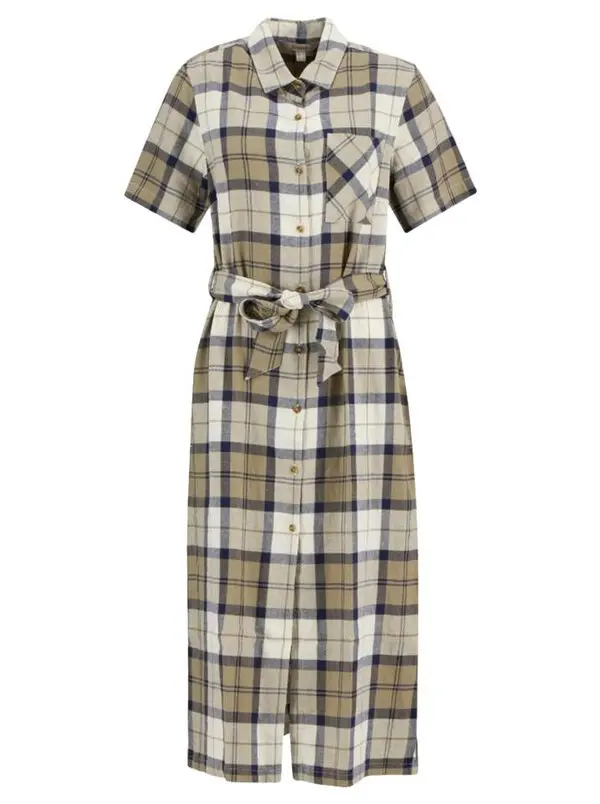Barbour Belted Checked Midi Shirt Dress - Navy Blue