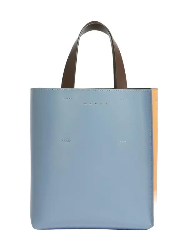 Marni Logo Printed Two-toned Tote Bag - Smoke Blue/papaya Orange/metallic Brown