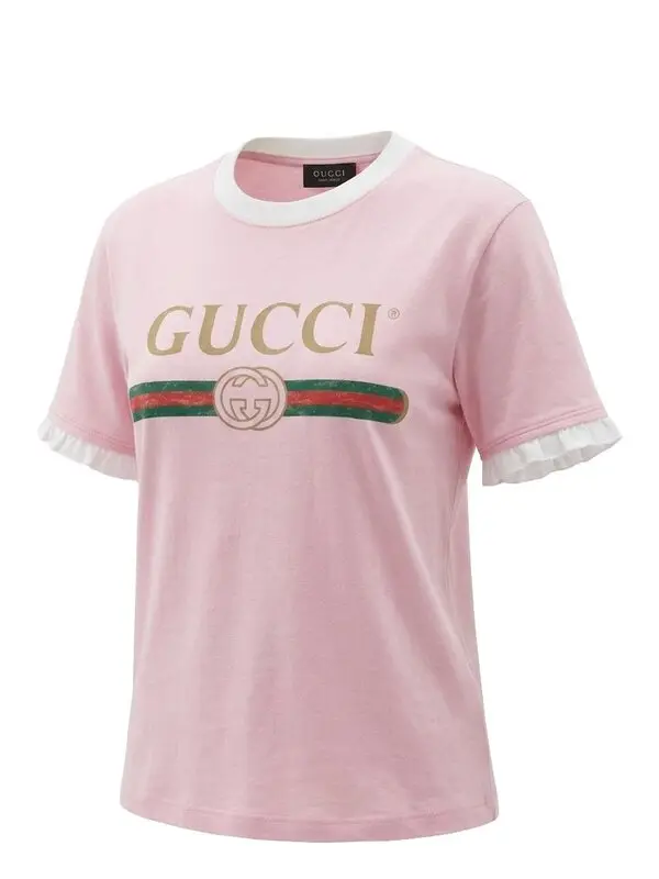 Gucci Logo Print Crewneck T-shirt With Ruffle Sleeves - Light Pink