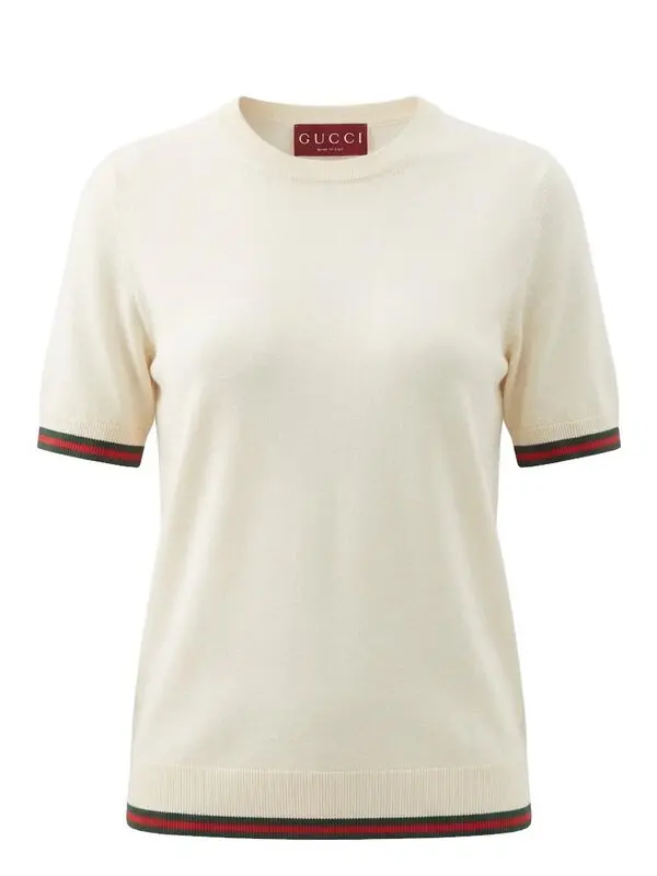 Gucci Extra Fine Cashmere Silk Top With Ribbed Trim - White