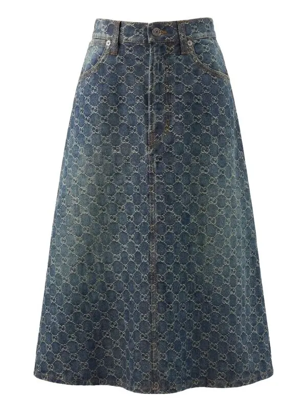 Gucci Gg Cotton Denim Jacquard Midi Skirt - Blue