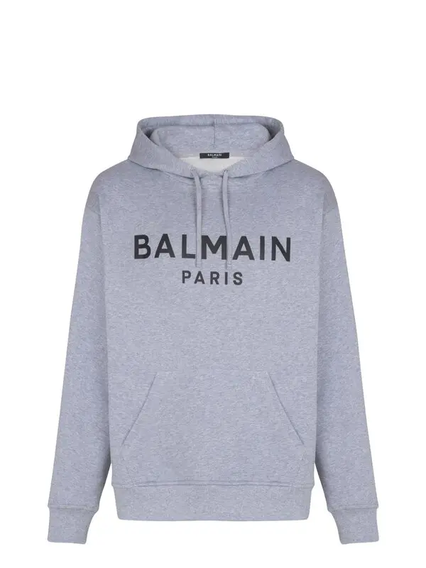 Balmain Paris Logo Print Drawstring Hoodie - Grey