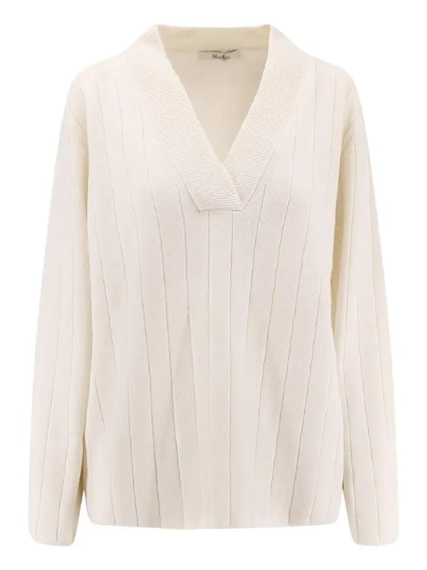 Max Mara Cashmere Yarn V-neck Sweater With Ribbed Pattern And Logo Detail - White