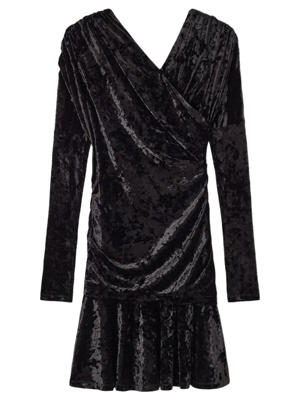 GANNI Ruched Mini Dress With Asymmetrical Neckline And Long Sleeves - Black