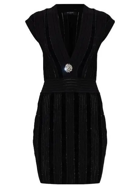 Balmain Sequin Embellished V-neck Short Sleeve Dress - Black