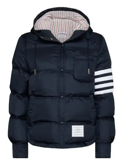 Thom Browne Down Hooded Jacket With Signature Stripes - Navy Blue
