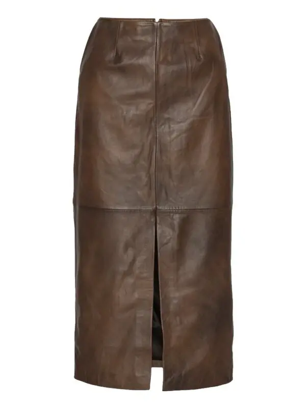 ROTATE BY BIRGER CHRISTENSEN Leather Pencil Skirt With Front Slit - Dark Brown