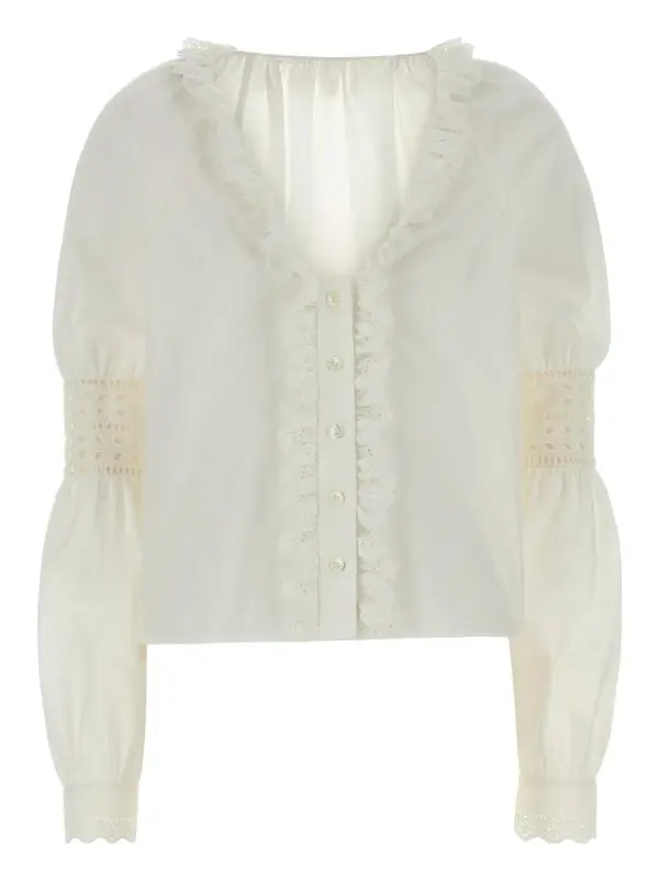 Alberta Ferretti V-neck Ruffled Poplin Shirt With Embroidered Lace Sleeves - White