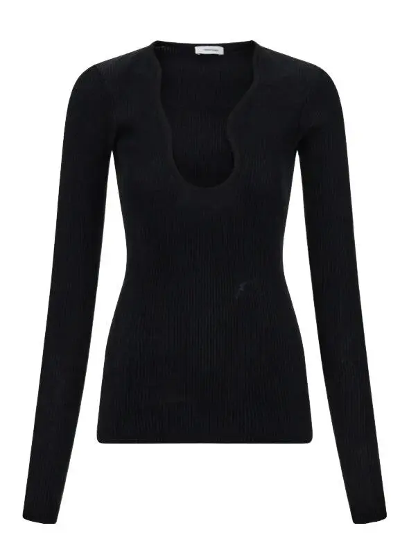 FERRAGAMO Ribbed Long Sleeve Top With Plunging Neckline And Embroidered Detail - Black
