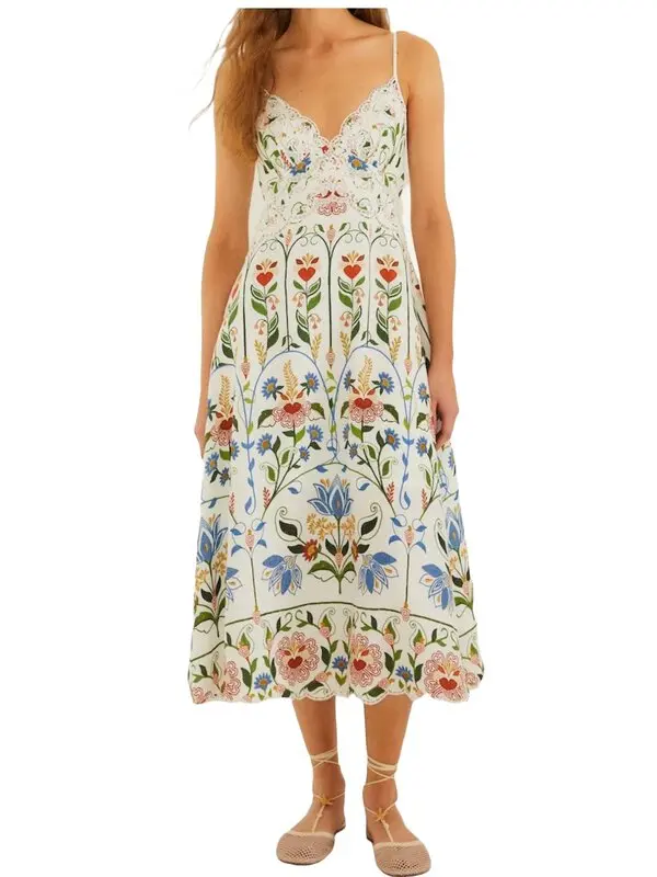 Farm Rio Embroidered Scallop-edge Midi Dress - Multicolor