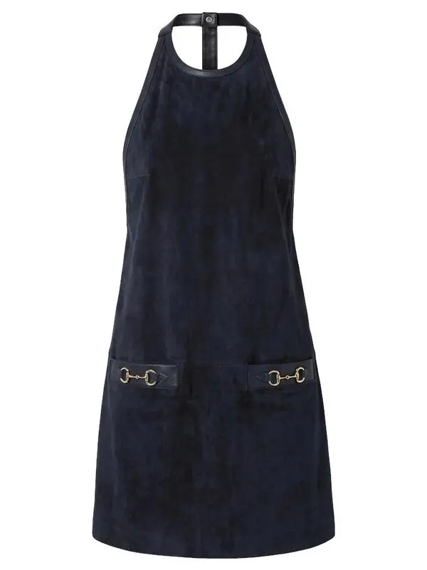 Gucci Halterneck Suede Mini Dress With Leather Trim - Dark Blue