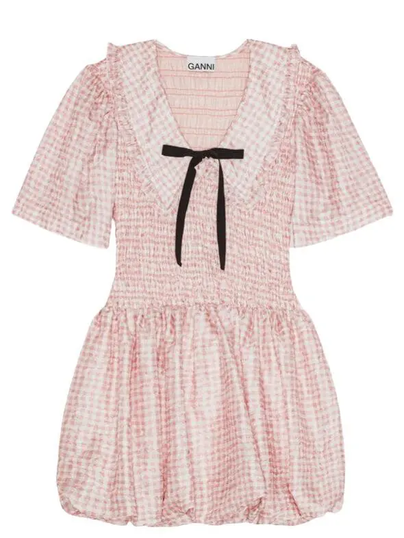 GANNI Checked Mini Dress With V-neck And Bow Detail - Pink