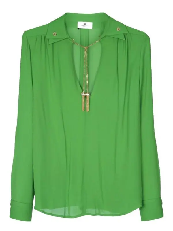 Elisabetta Franchi Pleated V-neck Top With Beaded Fringe - Green