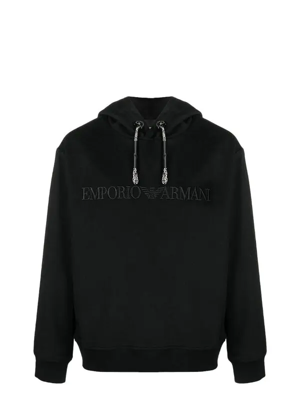 Emporio Armani Embroidered Logo Cotton Hoodie - Black