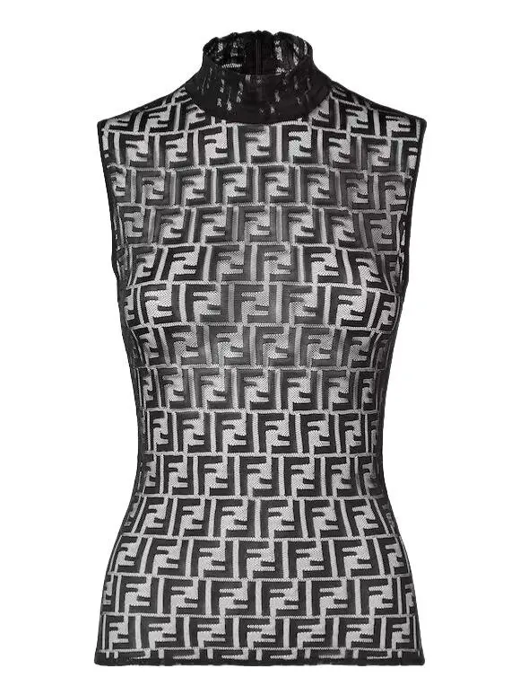Fendi Sleeveless High-neck Ff Motif Lace Top - Black