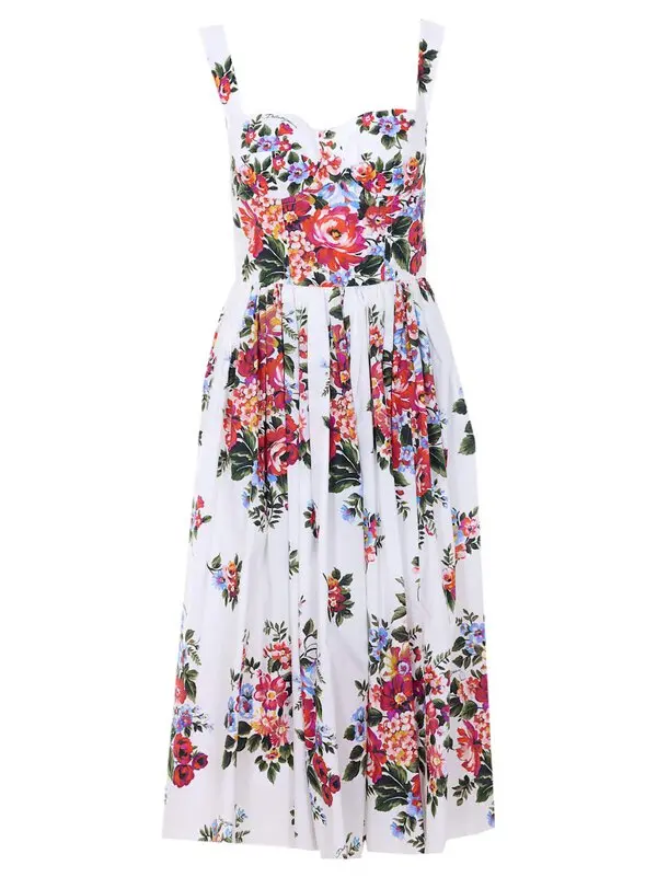Dolce & Gabbana Floral Print Sweetheart Neckline Midi Dress - White
