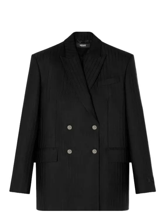 Versace Double Breasted Pinstripe Blazer - Black
