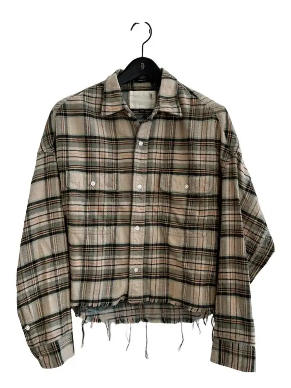 R13 Plaid Distressed Hem Shirt - Cream/turquoise