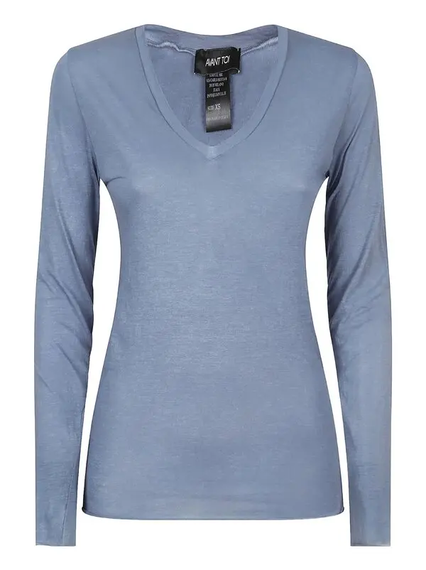 Avant Toi Long Sleeve V-neck Top - Clear Blue