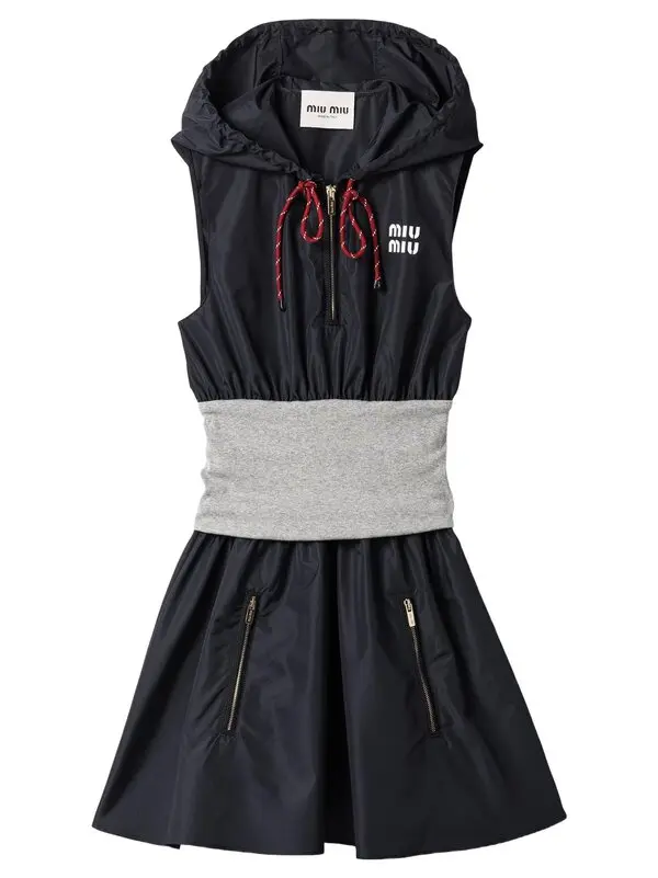 Miu Miu Sleeveless Technical Fabric Dress With Hooded Collar And Belt - Blue/grey